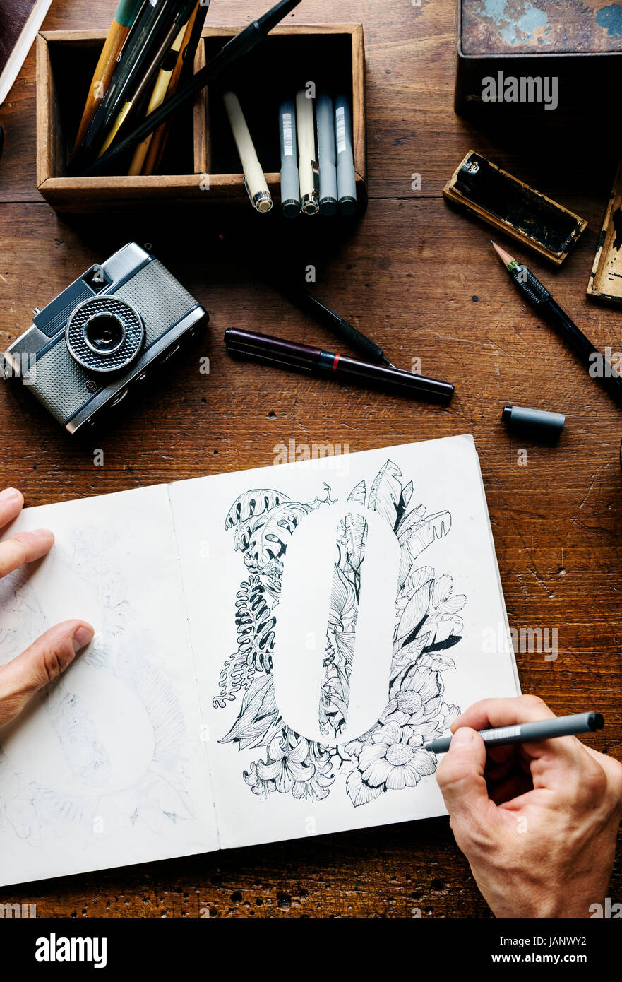 Aerial view of hand drawing art work Stock Photo - Alamy
