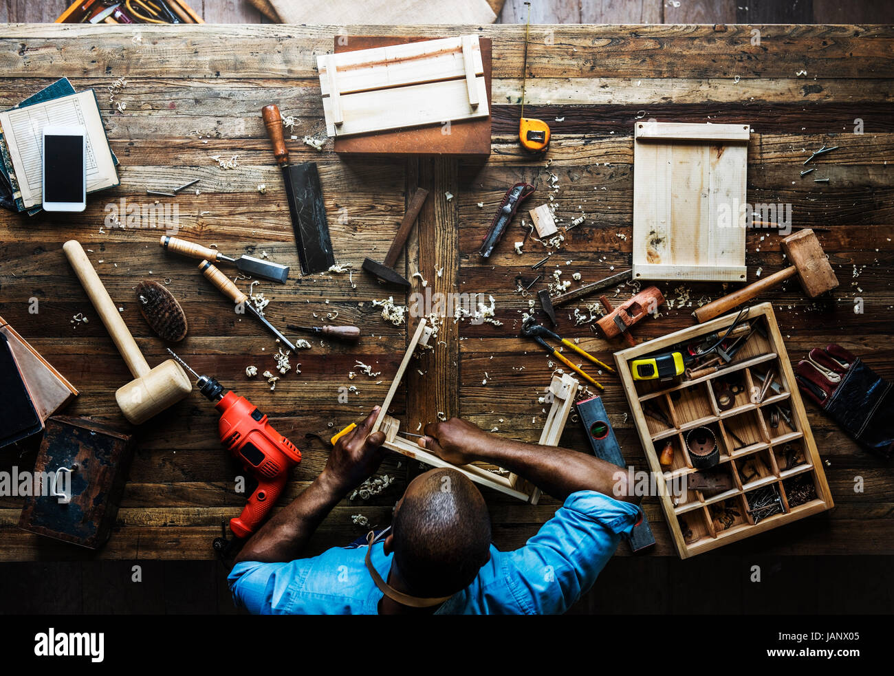 Aerial view of carpenter man working with tools equipment set Stock ...