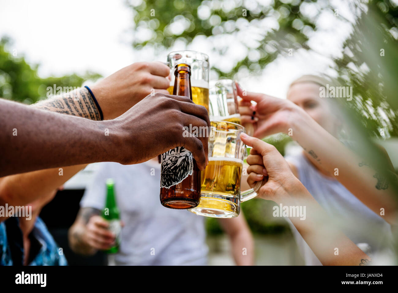Group of diverse friends celebrating drinking beers together Stock ...