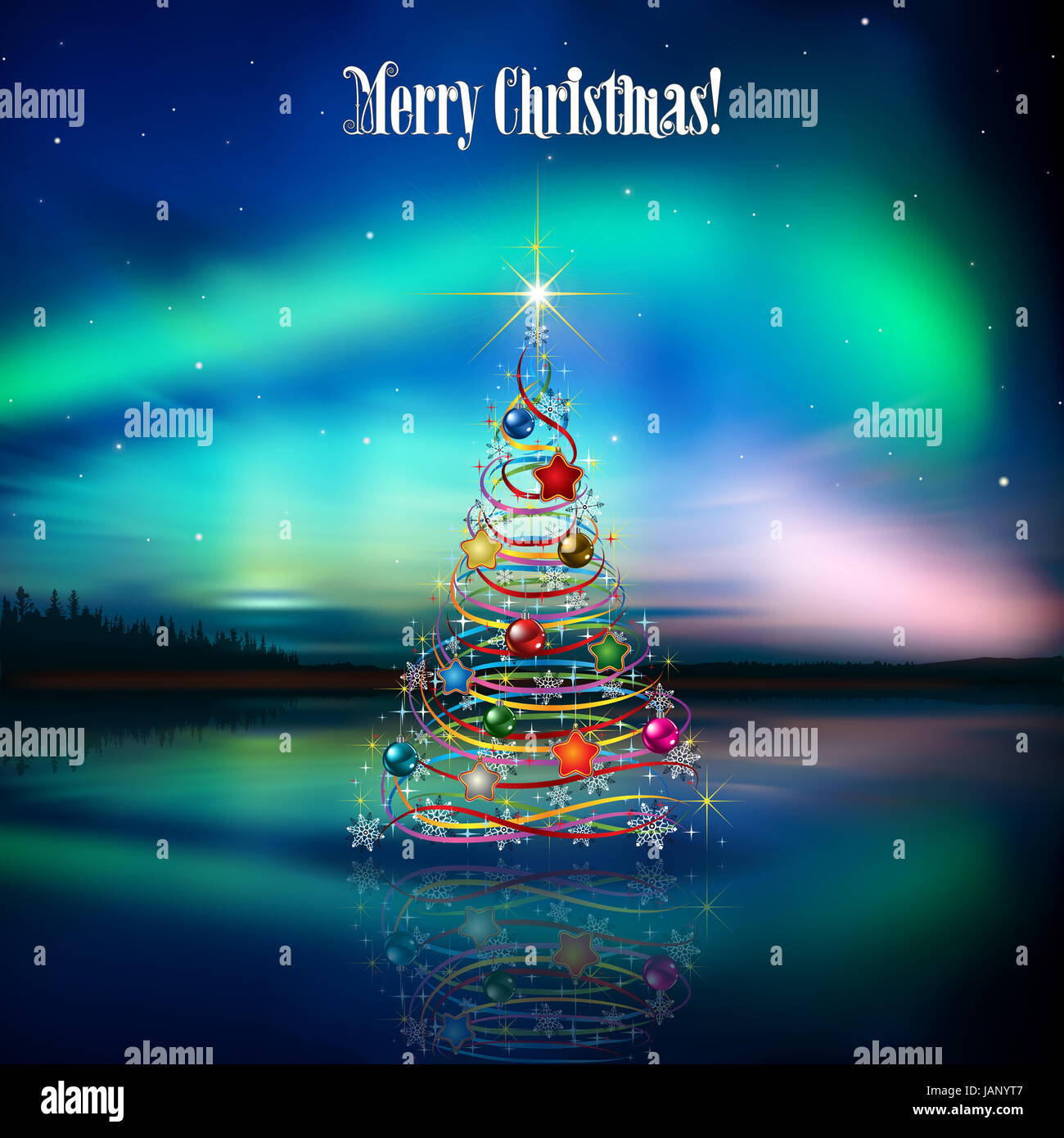 abstract celebration background with Christmas tree and aurora borealis ...