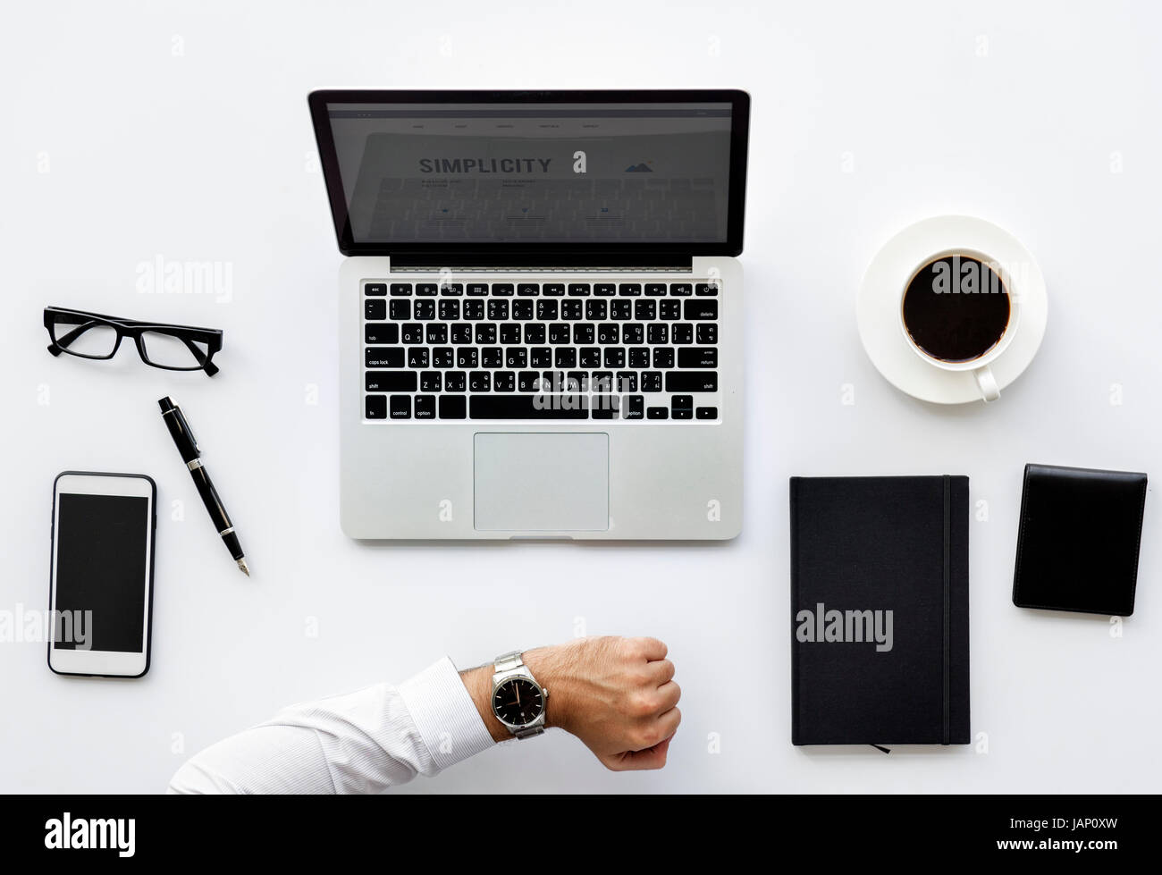 Aerial view of businessman with computer laptop workspace Stock Photo ...