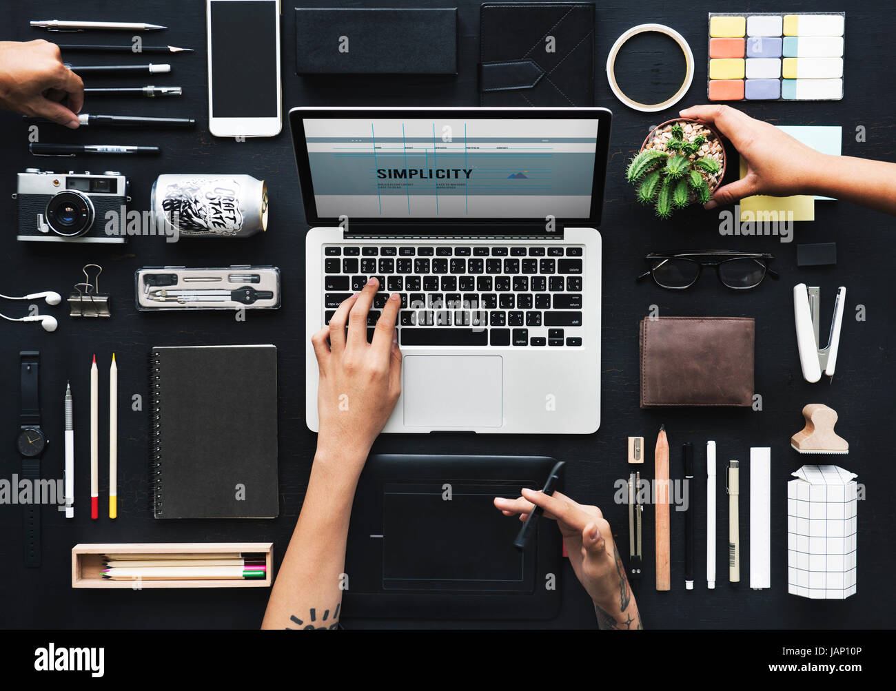 Aerial view of hands using computer laptop workspace Stock Photo - Alamy