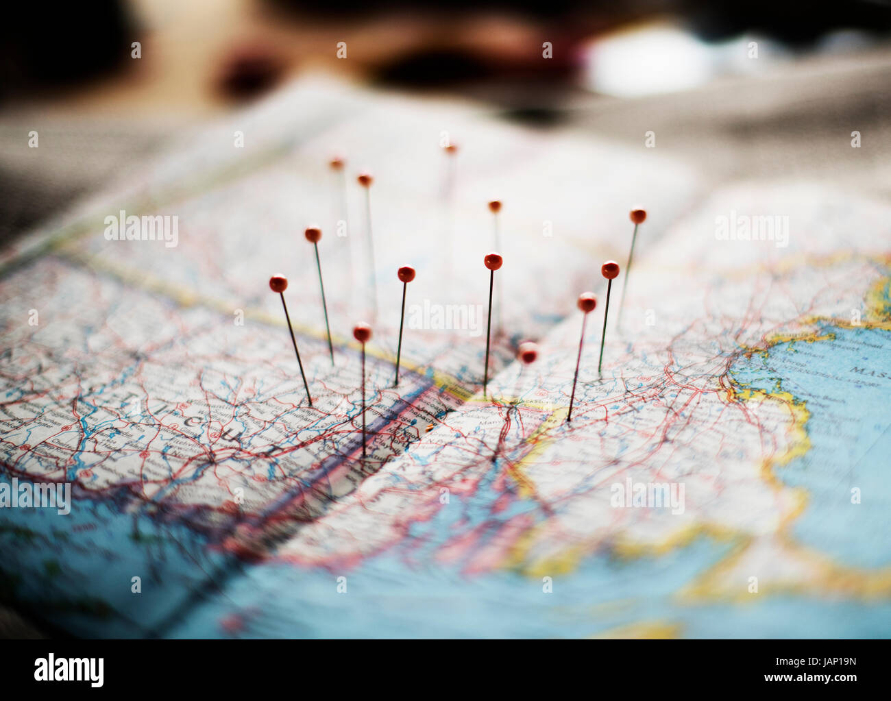 Closeup of pins on the map planning travel journey Stock Photo - Alamy