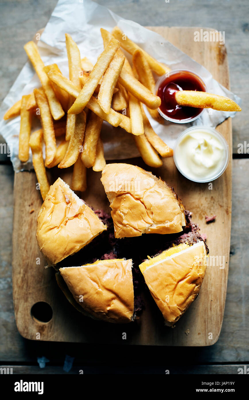Aerial view of burger and fries fast food Stock Photo - Alamy