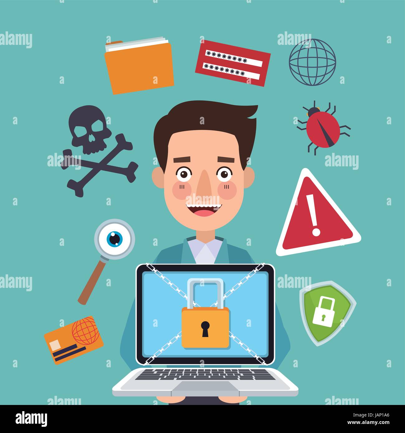 blue color background man programmer holding laptop with security ...