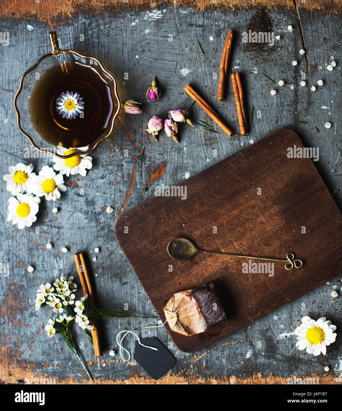 Aerial view of tea cup with flowers decoration Stock Photo - Alamy