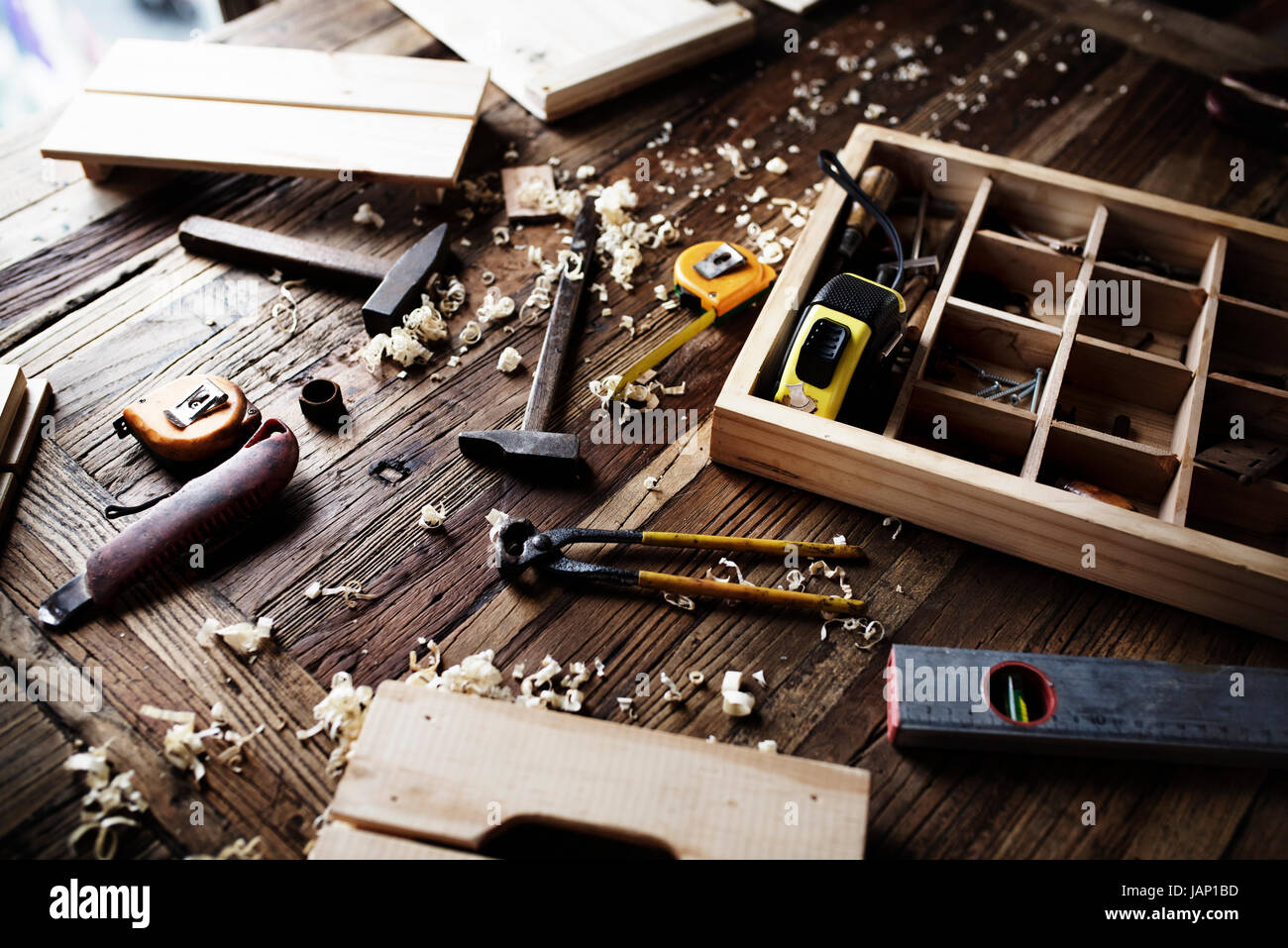 Aerial view of carpenter tools equipment set on wooden table Stock ... Aerial view of carpenter tools equipment set on wooden table Stock ...