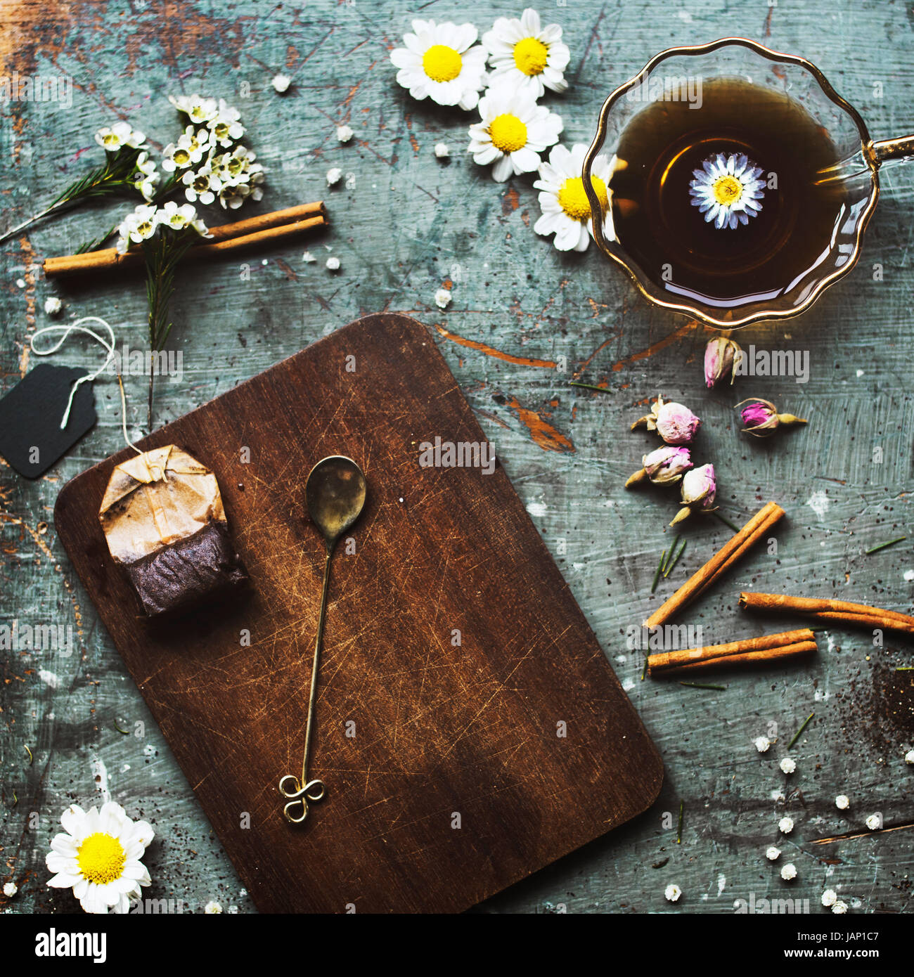 Aerial view of tea cup with flowers decoration Stock Photo - Alamy