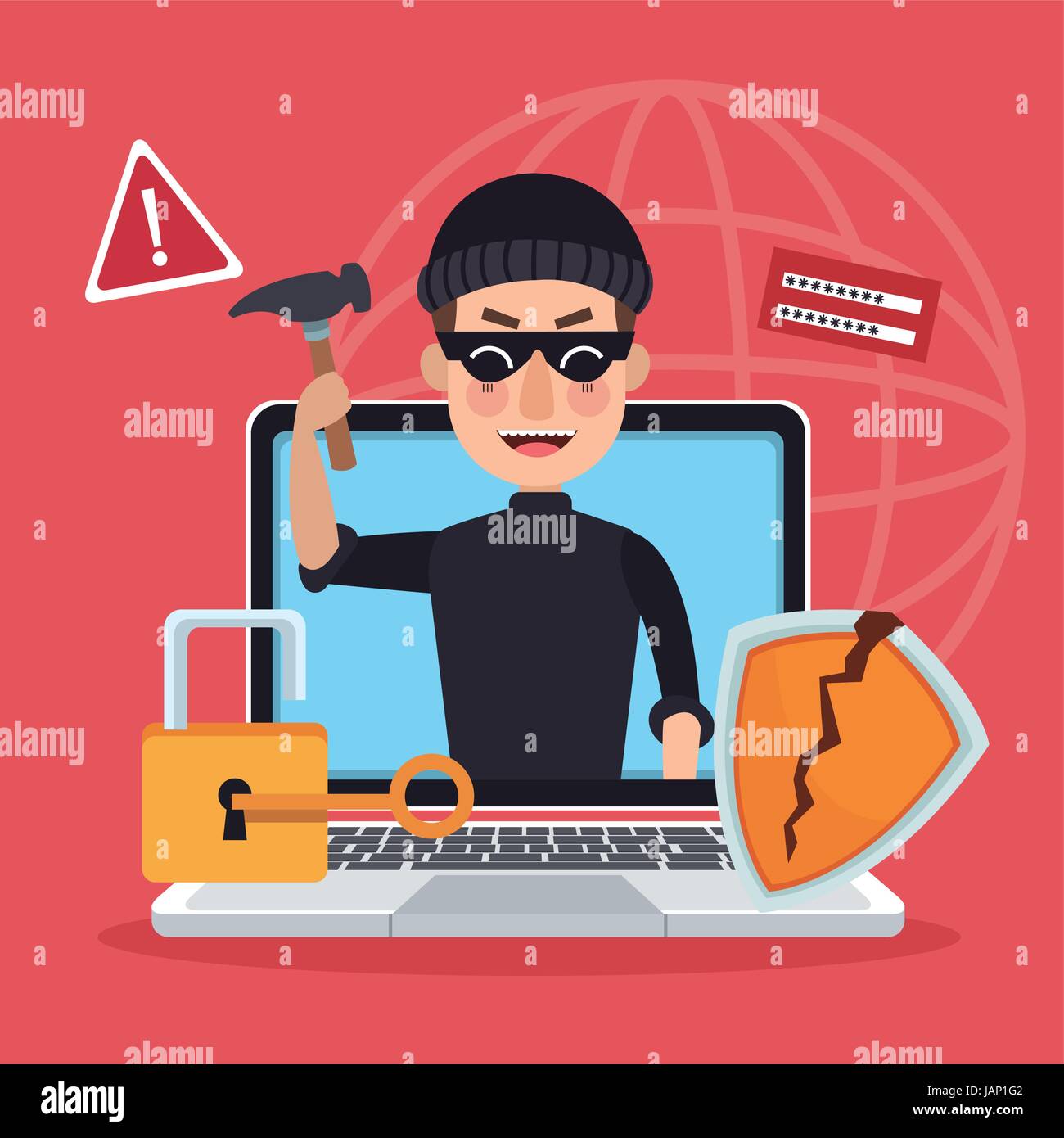 red background global world silhouette with laptop and thief man hacker ...