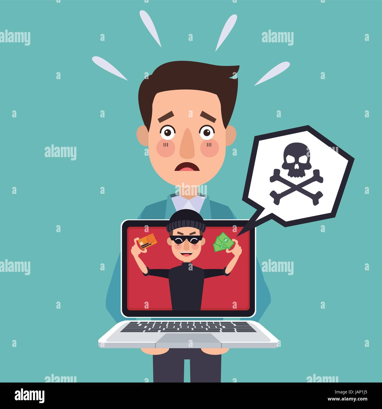 blue background programmer man with laptop and thief man hacker ...