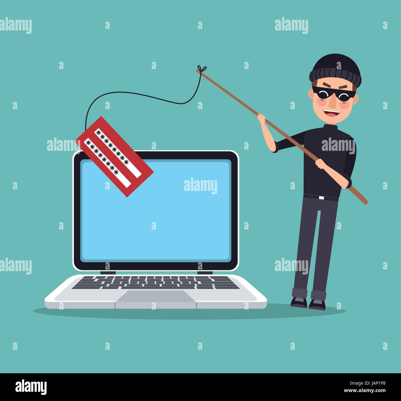 scene color laptop with thief man hacker with fishing pole holding a ...