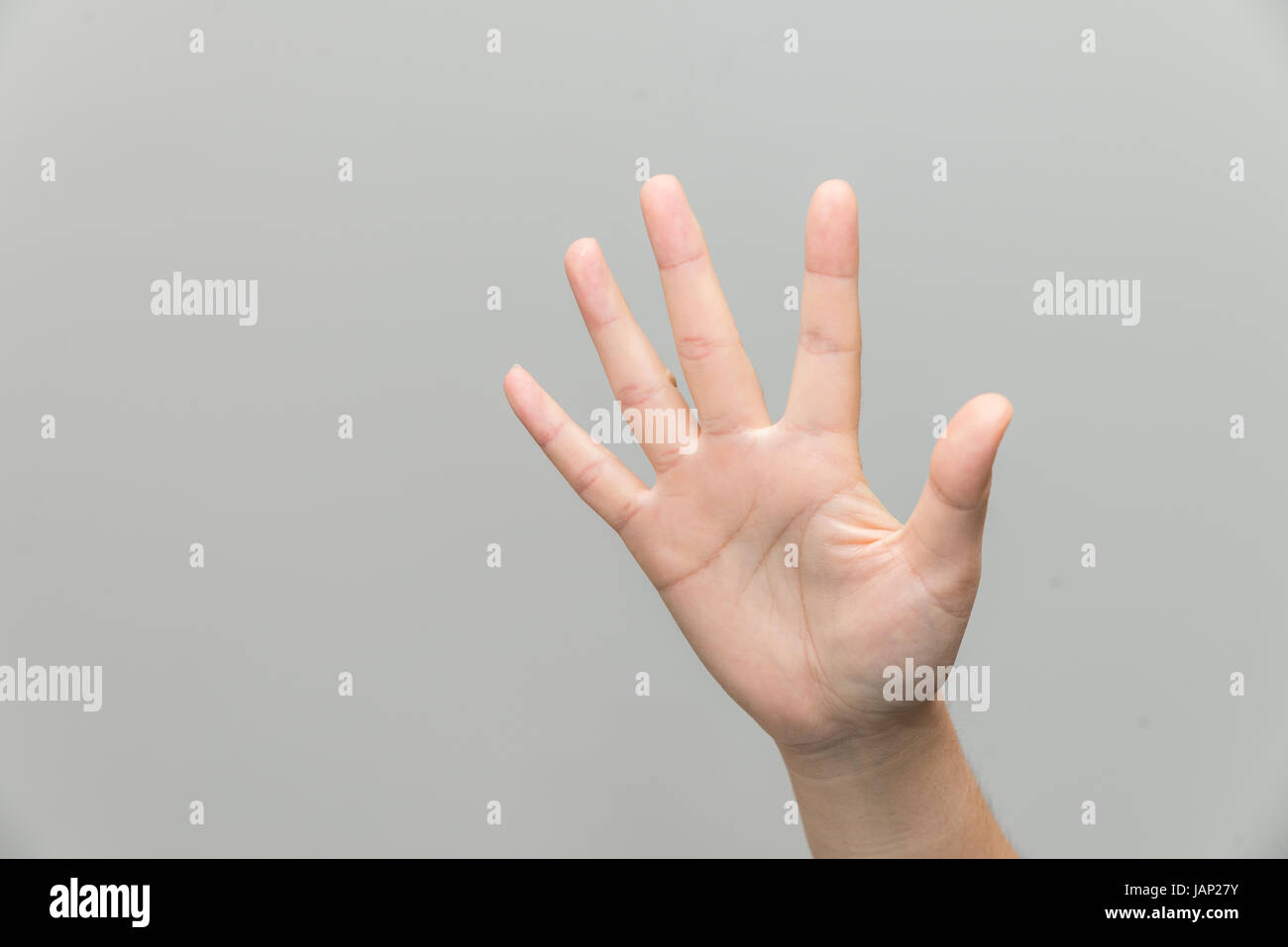 Human hand with open palm light gray background Stock Photo - Alamy