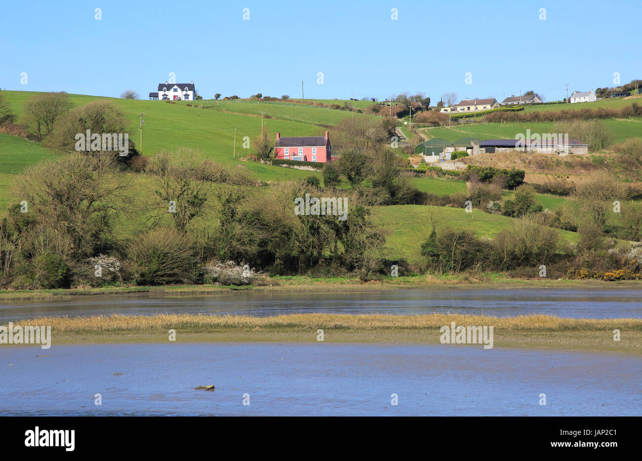 Coastal rural scenery River Arigideen estuary low tide, Burren ...