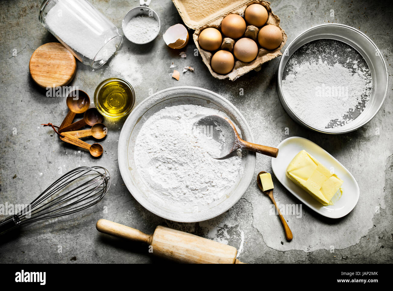 Flatlay of preparation pastry homemade recipe for bake Stock Photo - Alamy