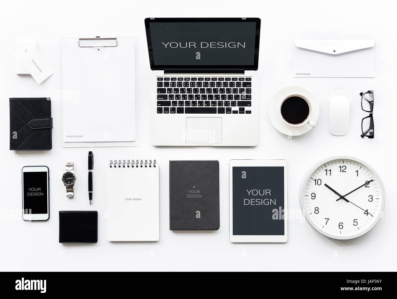 Aerial view of computer laptop with office stationery isolated on white ...