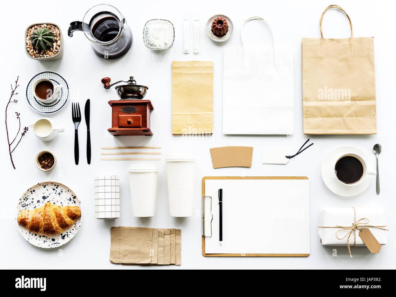 Aerial view of coffee setting on white table Stock Photo - Alamy