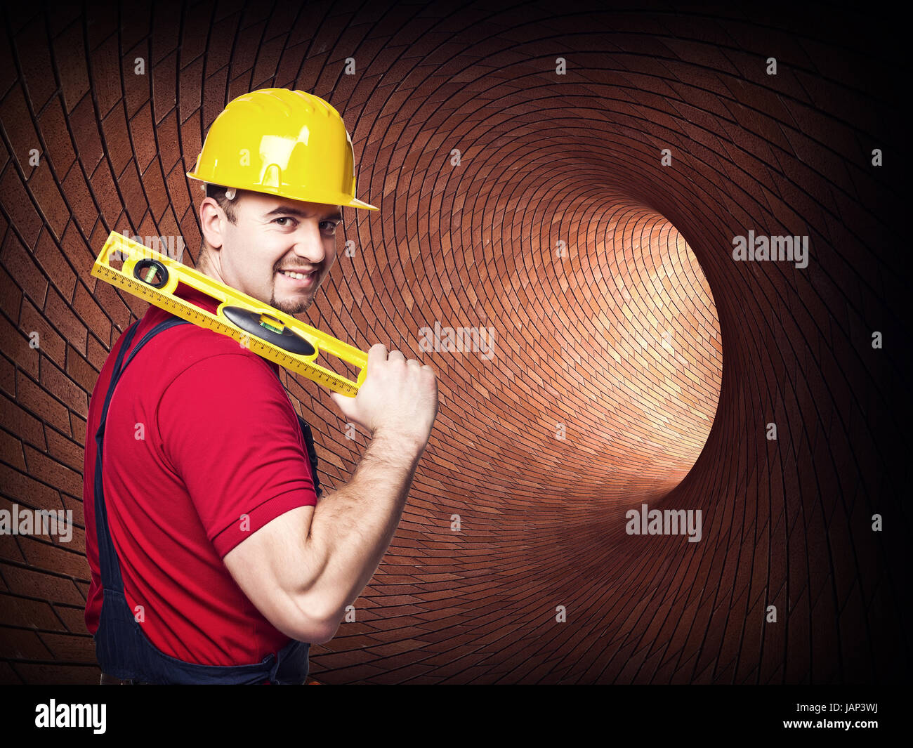 smiling labor in 3d abstract brick tunnel Stock Photo - Alamy