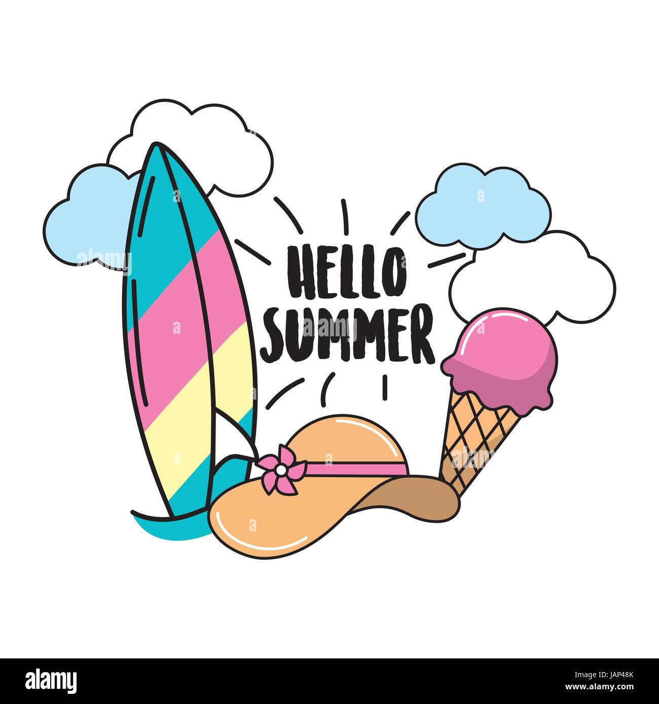 surfboard with clouds and ice cream with flip flop Stock Vector Image ...