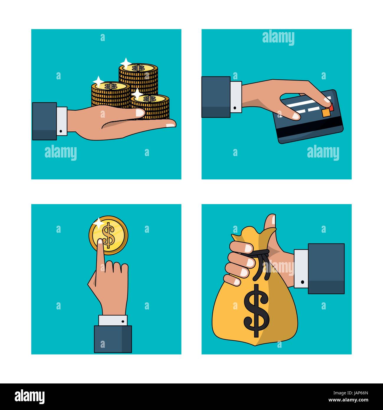 white background with set of frames with cash payments and credit card ...