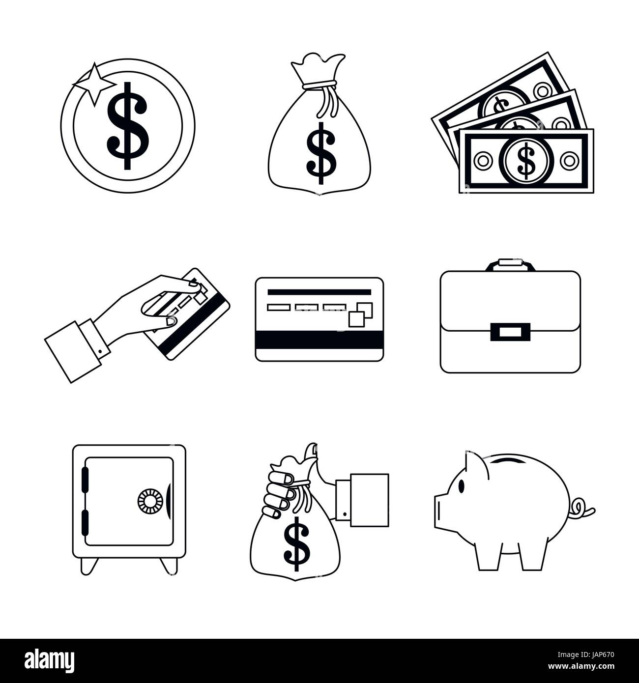 white background with set of monochrome graphics related to money Stock ...