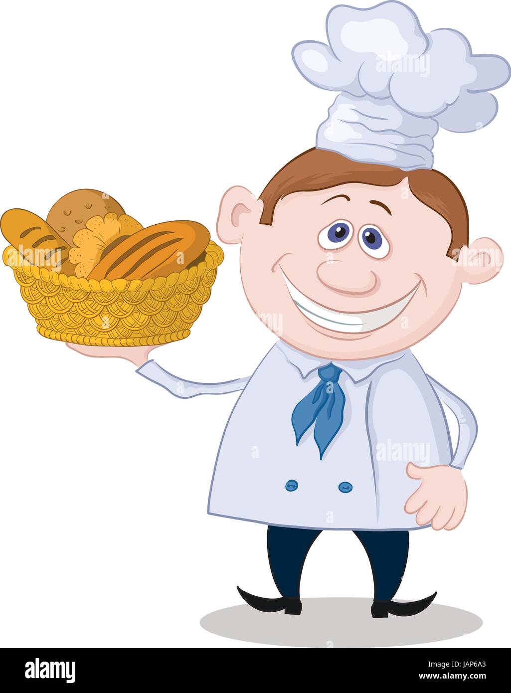 Cartoon cook - chef with a basket of fresh bread, isolated on white ...