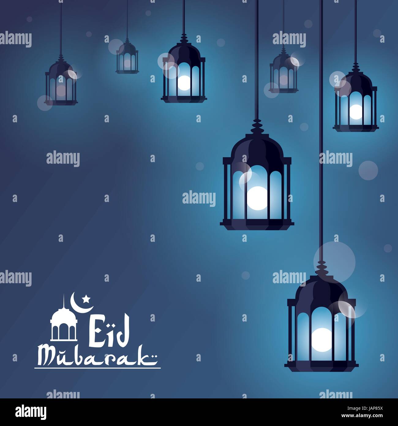 Eid Mubarak greeting with beautiful illuminated arabic lamps Stock ...
