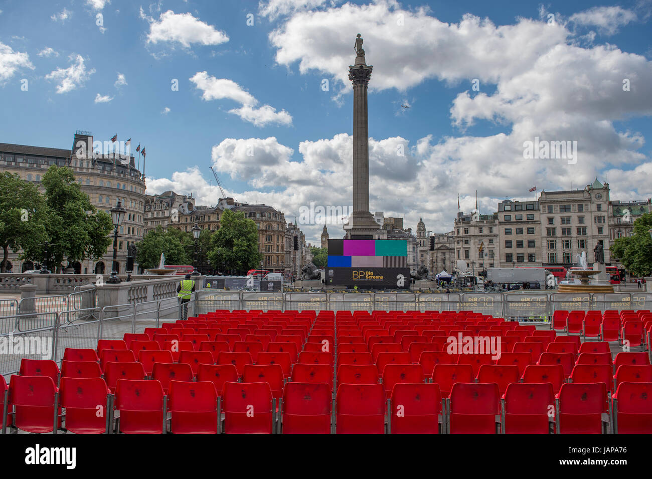 Trafalgar Square, London UK. 7th June 2017. Screen testing and seating ...