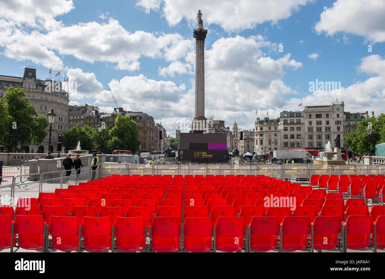 Trafalgar Square, London UK. 7th June 2017. Screen testing and seating ...