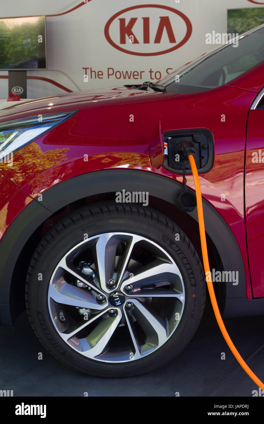 Turin, Italy, 7th June 2017. Detail of charging wire in a Kia Niro ...