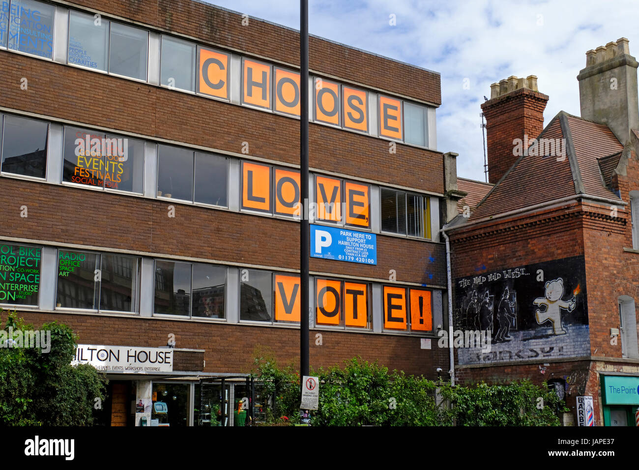 Bristol, UK. 7th June, 2017. Political slogans at Hamilton House on the ...
