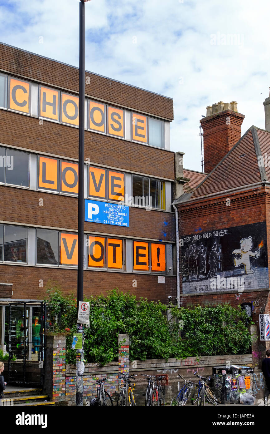 Bristol, UK. 7th June, 2017. Political slogans at Hamilton House on the ...