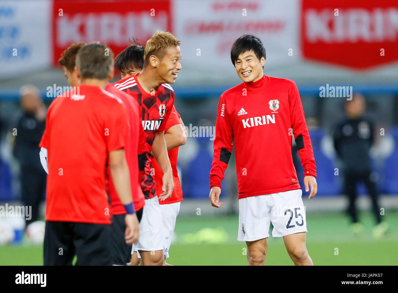 Tokyo, Japan. 7th June, 2017. (L-R) Keisuke Honda. Kohei Kato (JPN) Football/Soccer : KIRIN ...