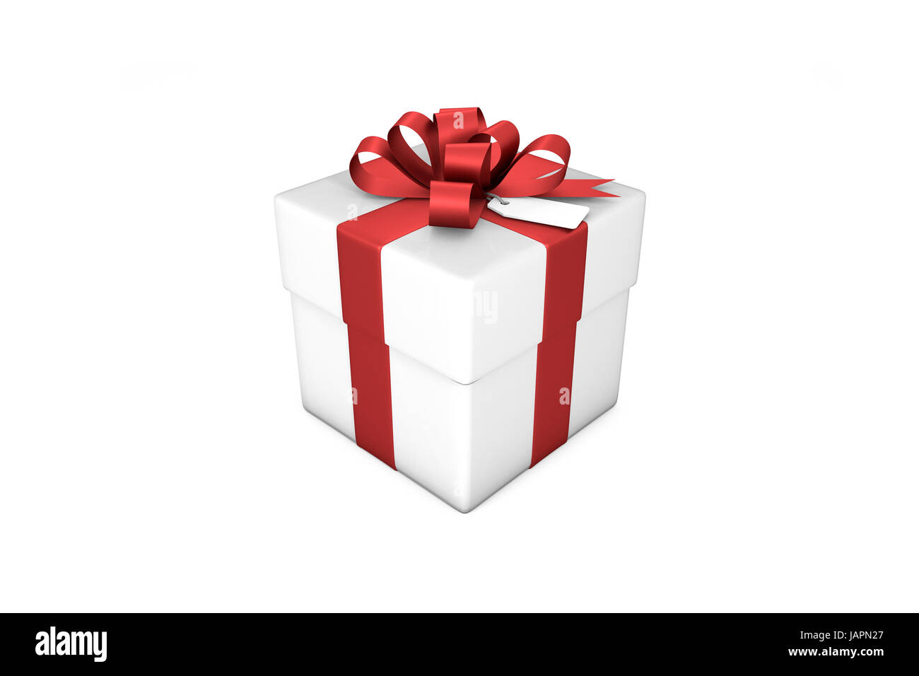 3d illustration: White gift box with red silk ribbon / bow and tag on a ...