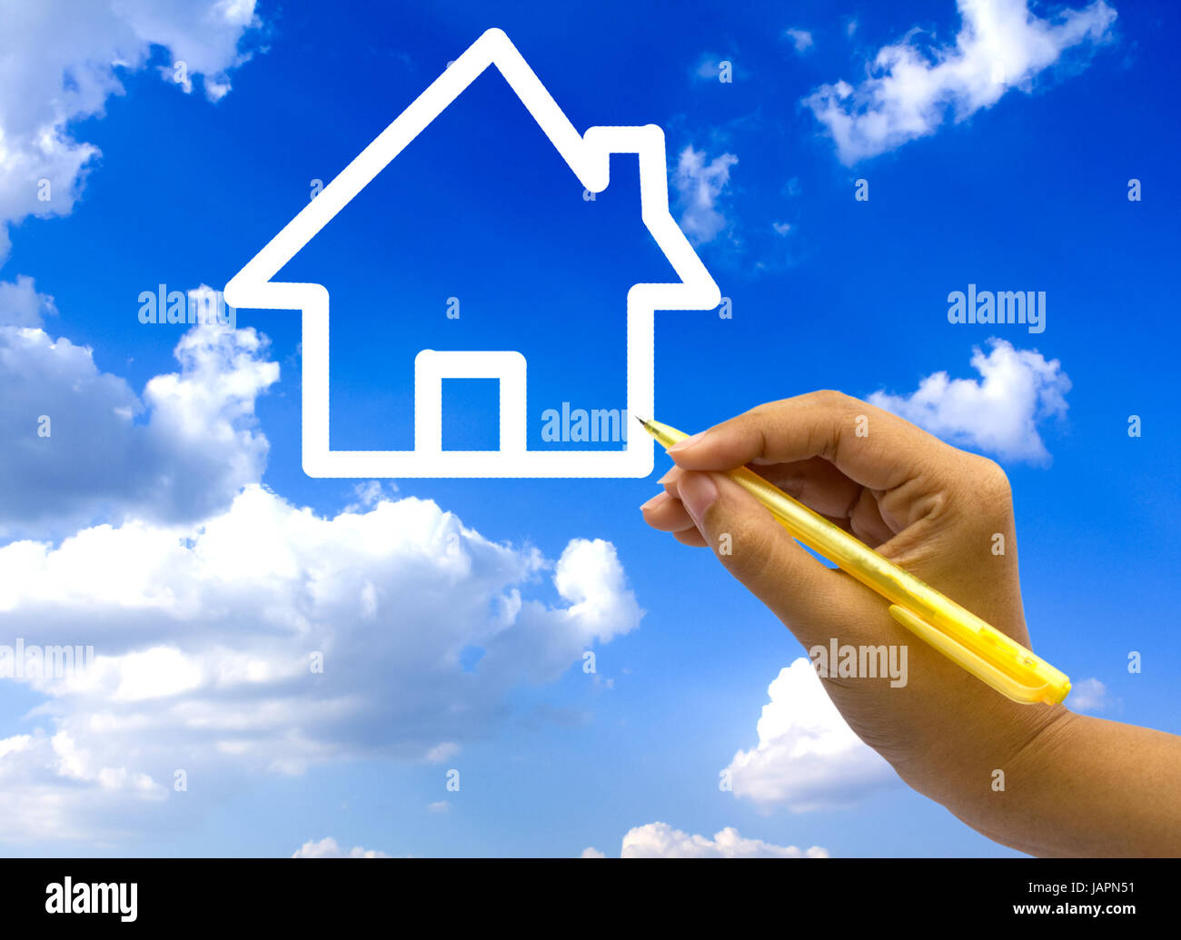 Hand drawing house icon on blue sky Stock Photo - Alamy