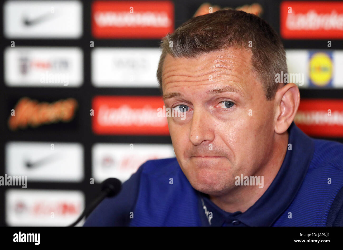 England U21 manager Aidy Boothroyd speaks during the press conference ...