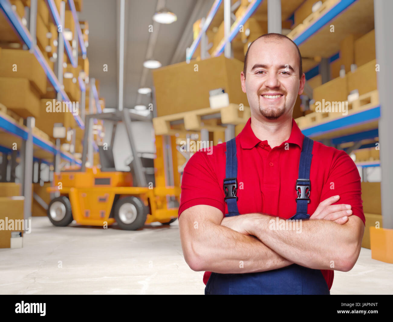 3d image of classic warehouse and worker Stock Photo - Alamy