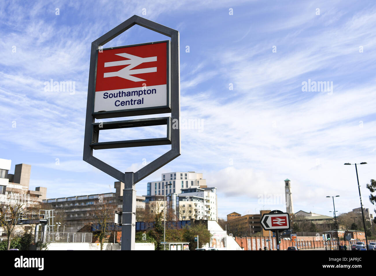 Southampton train station sign against a blue sky Stock Photo - Alamy