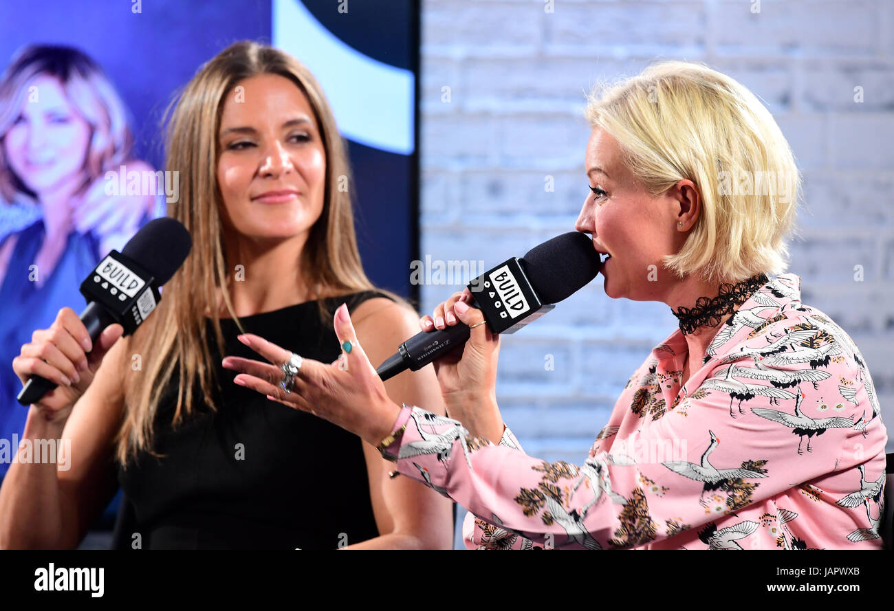Amanda Byram and Denise Van Outen during a BUILD live interview at AOL ...