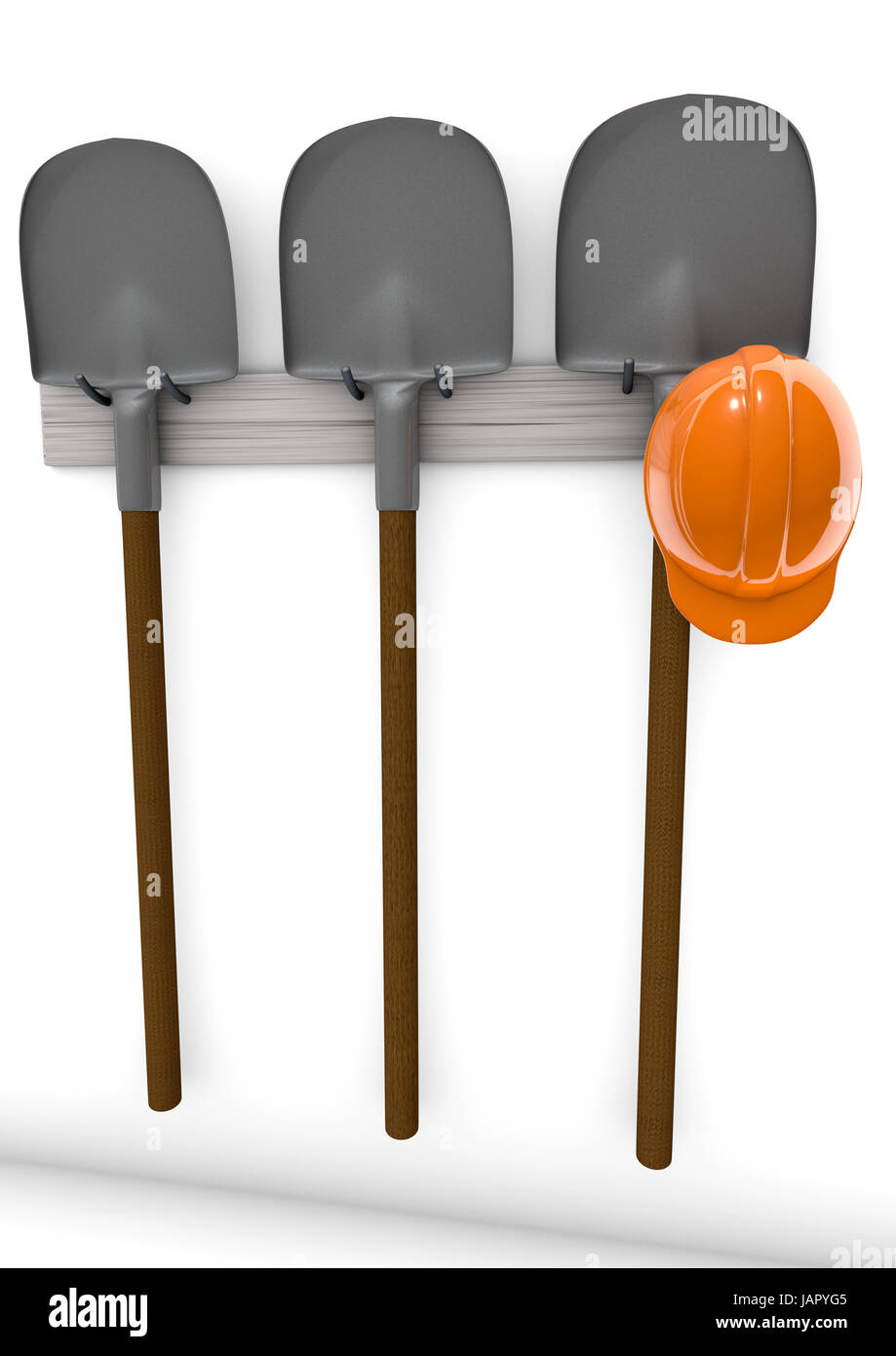 three shovels hanging on the wall with a helmet Stock Photo - Alamy