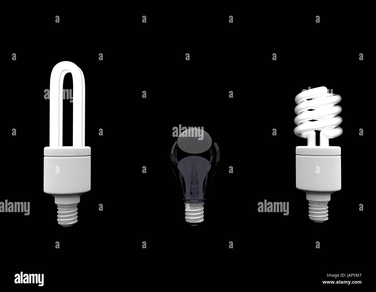 tow energy-saving bulbs and one normal bulb in the middle Stock Photo ...