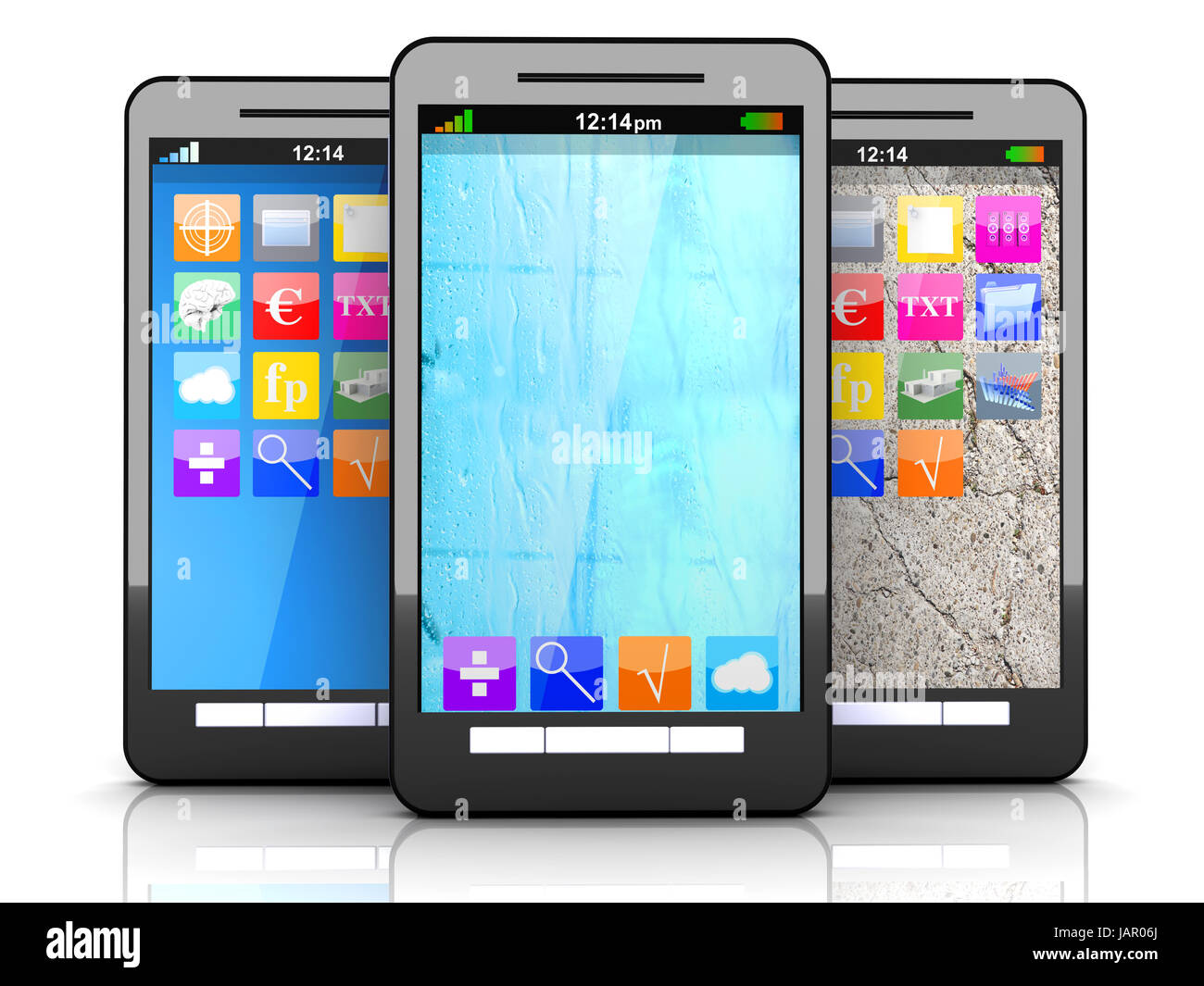 Three smartphones in a line. 3D illustration Stock Photo - Alamy