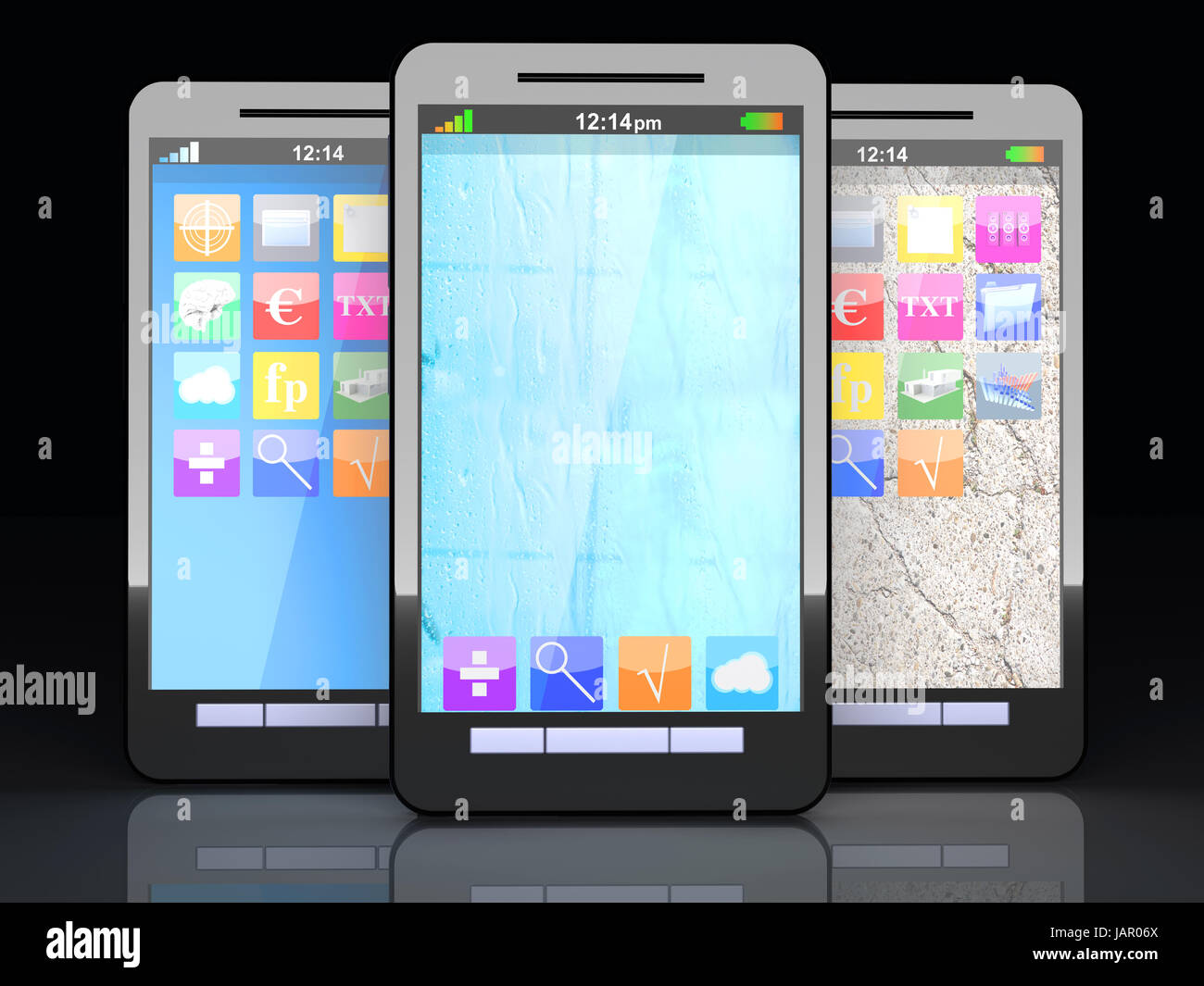 Three smartphones in a line. 3D illustration Stock Photo - Alamy
