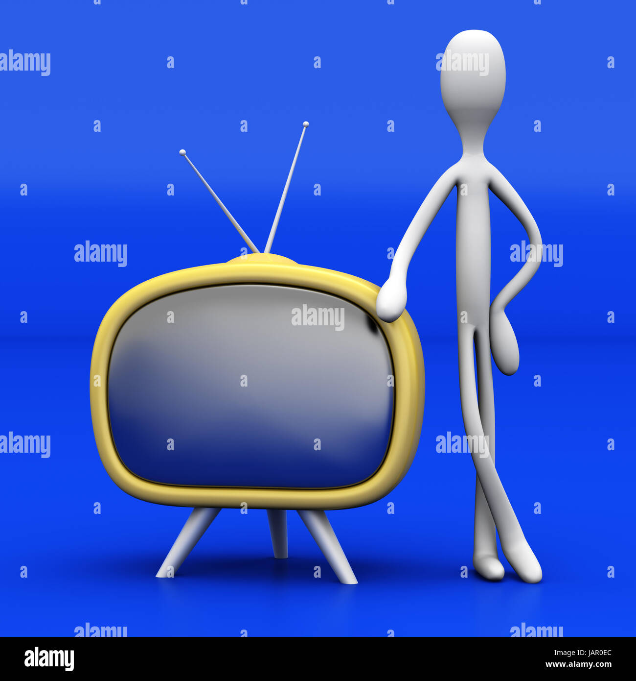 A Guy leaning on a TV. 3D rendered cartoon illustration Stock Photo - Alamy