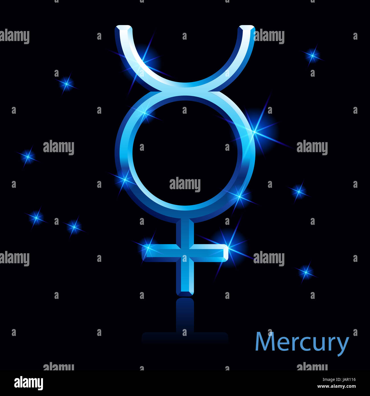 Shiny blue Mercury sign on black background Stock Photo - Alamy