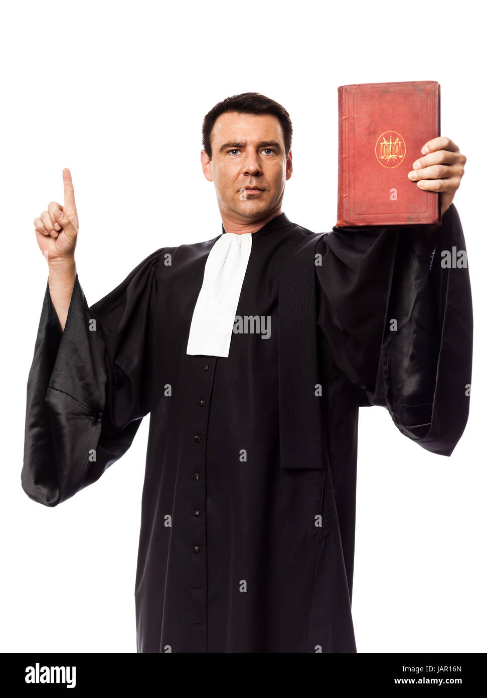 one caucasian lawyer man showing law book in studio isolated on white ...