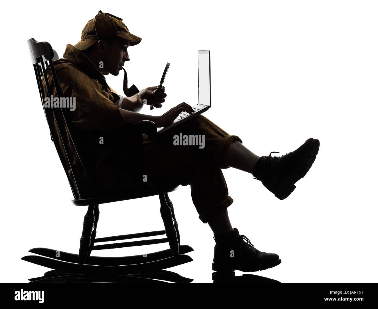sherlock holmes with computer laptop silhouette sitting in rocking ...