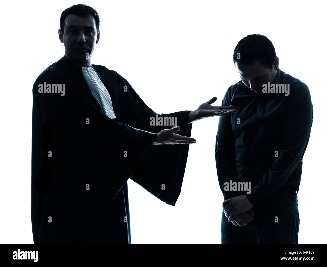 one caucasian lawyer man and his client pleading silhouette in studio ...