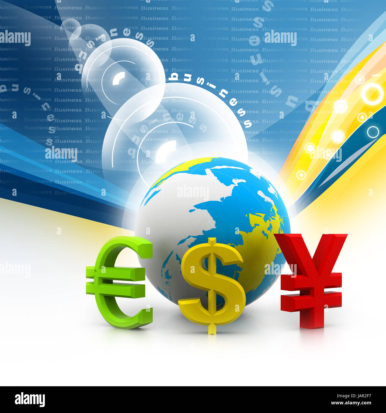 Globe with currency symbols in abstract background Stock Photo - Alamy