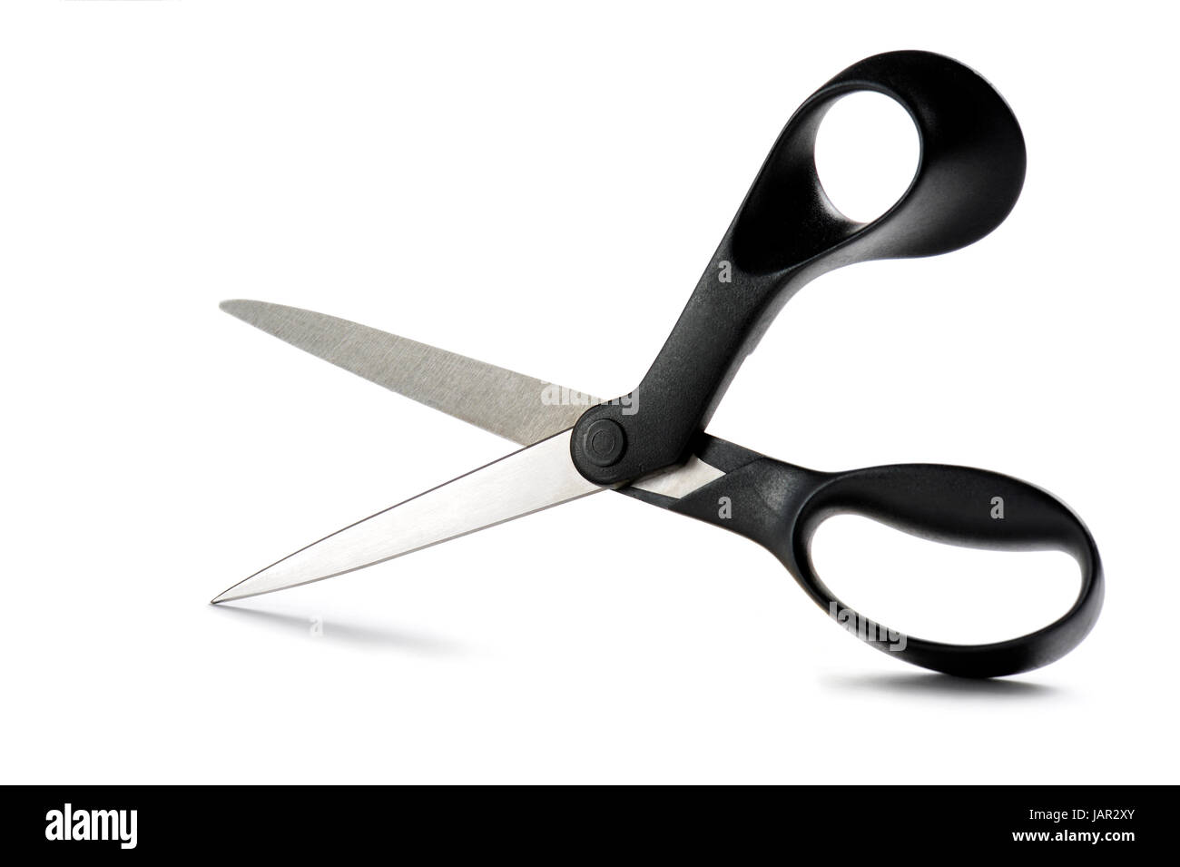 steel scissors with black plastic handle, on white background Stock ...