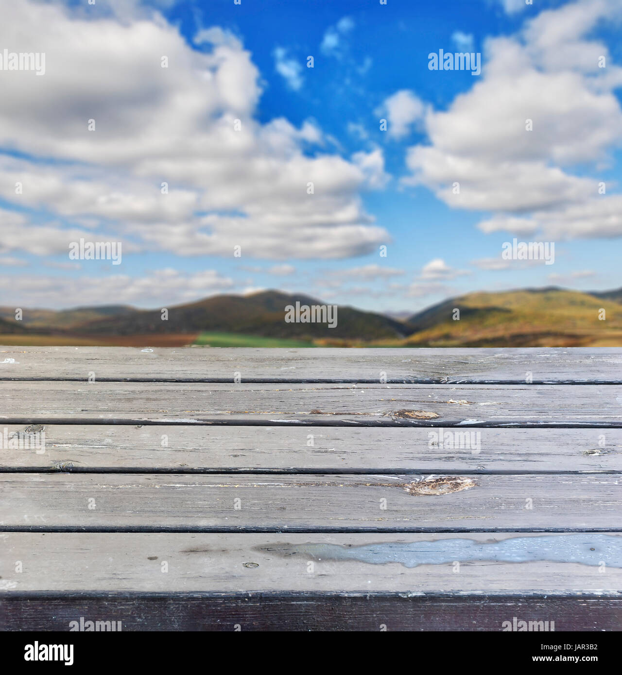 wood table with summer scene background Stock Photo - Alamy